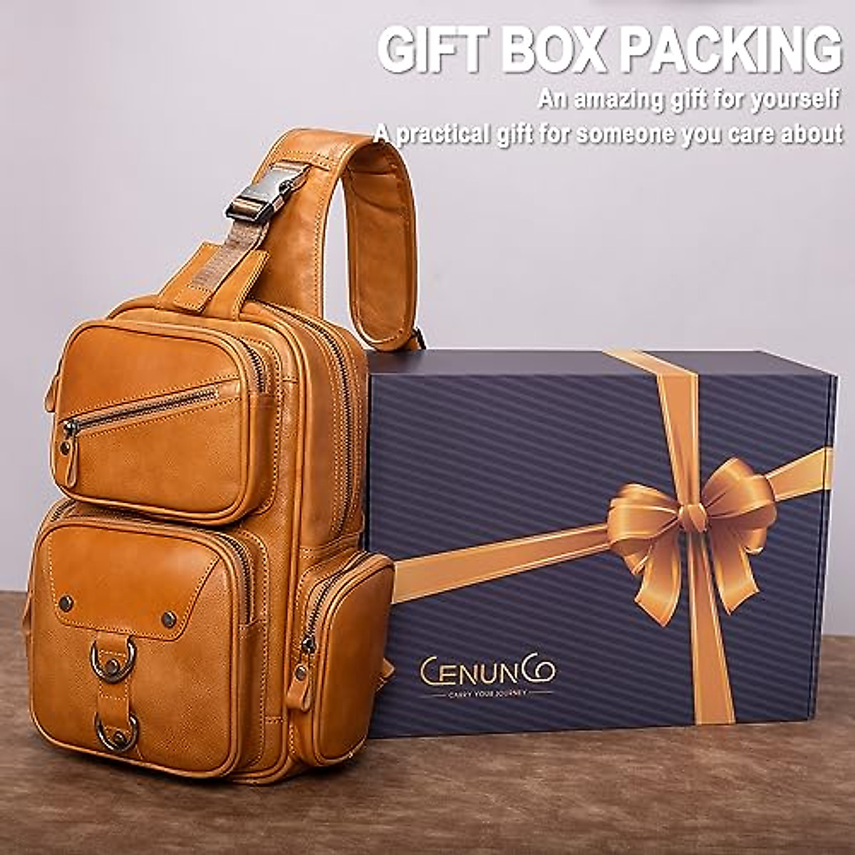 CENUNCO Genuine Leather Sling Bag for Men Capacity Crossbody Backpack Casual Motorcycle Chest Bag Anti-Theft Travel Purse (Tan)