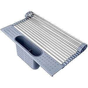 NiHome Roll Up Dish Drying Rack with Utensil Holder Over The Sink Dish Drying Rack Detachable Stainless Steel Dish Drainer,17.7" x14.7" Wide