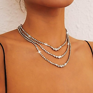Sixexey Layered Rhinestone Necklaces Silver Crystal Necklace Chains Sparkly Party Necklace Jewelry for Women (3-layer)
