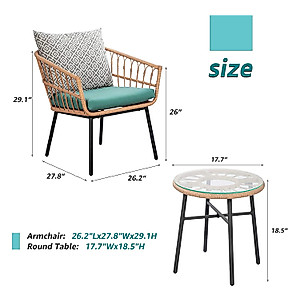 SWISH WEAVERS 3 Piece Patio Bistro Set Outdoor Furniture All-Weather Wicker Conversation Set with Tempered Coffee Table and Wicker Chairs for Garden Balcony Backyard Yard Poolside (Green)