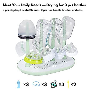 Jumperlay Baby Bottle Drying Rack with 2 Pack Sponge Brush and 2 Pack Straw Cleaner Brushes, High Capacity Countertop Bottle Dryer Holder for 4 Sets of Baby Bottles and Accessories, Green