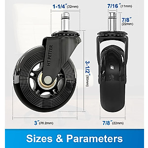 HT PETTER Office Chair Wheels, Universal Rubber Steel Chair casters, 3 inch Heavy-Duty casters,100% No Scratches, Suitable for All Floors, Including Hardwoods and Carpets,Set of 5