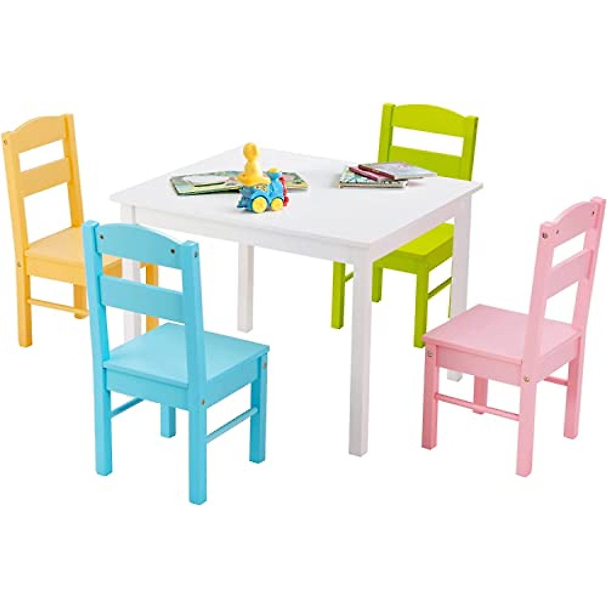 HONEY JOY Kids Table and Chair Set, Wooden Toddler Table and 4 Chairs for Arts & Crafts, Snack Time, 5-Piece Children Furniture Set for Daycare, Kindergarten, Playroom, Gift for Boys Girls (Colorful)