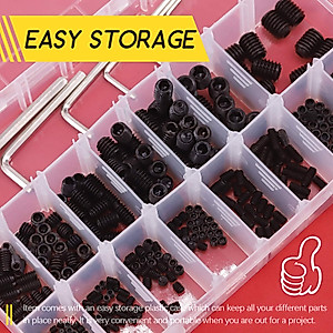 Hilitchi 370Pcs Socket Set Screw Assortment in SAE Sizes Internal Hex Drive Cup Point Allen Grub Screws 12.9 Class Black Alloy Steel (15Sizes)