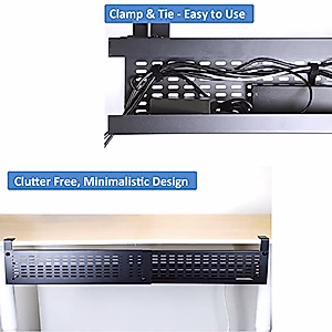 AEONS Under Desk Cable Management Tray Kit - Horizontal Adjustable up tp 41” Desk Organizer Removable C Clamp Mount Reversiable Computer Cord Raceway and Modesty Panel for Large Desk, Black
