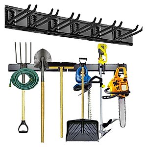 foriy Garage Clamping Garden Tool organizer Tool Storage Rack with 6 Hooks Wall Mount Tool Storage Hook Heavy Duty Garden Tool Hanger Rack for Ski Gears, Chair, Broom, Mop, Rake Shovel Yard Tools