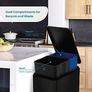 Home Zone Living 13 Gallon Slim Dual Compartment Kitchen Trash Can, Stainless Steel, Step Pedal, 50 Liter, Black