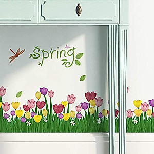 Spring Tulip Wall Decals Flower Grass Wall Stickers Removable DIY Peel and Stick Art Murals for Classroom Bedroom Girls Room Living Room Hallway Kitchen Bathroom Home Decor (Tulip)