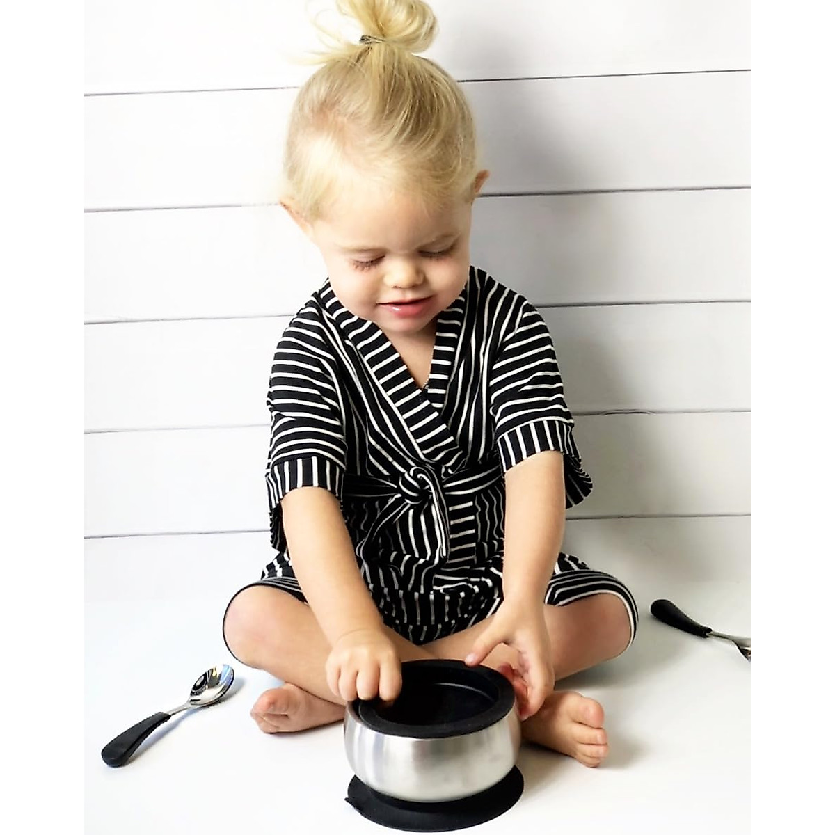 Avanchy Baby Spoons, Forks Stainless Steel and Silicone Set, Self Feeding Food Utensils, 4 Months Baby Led Weaning