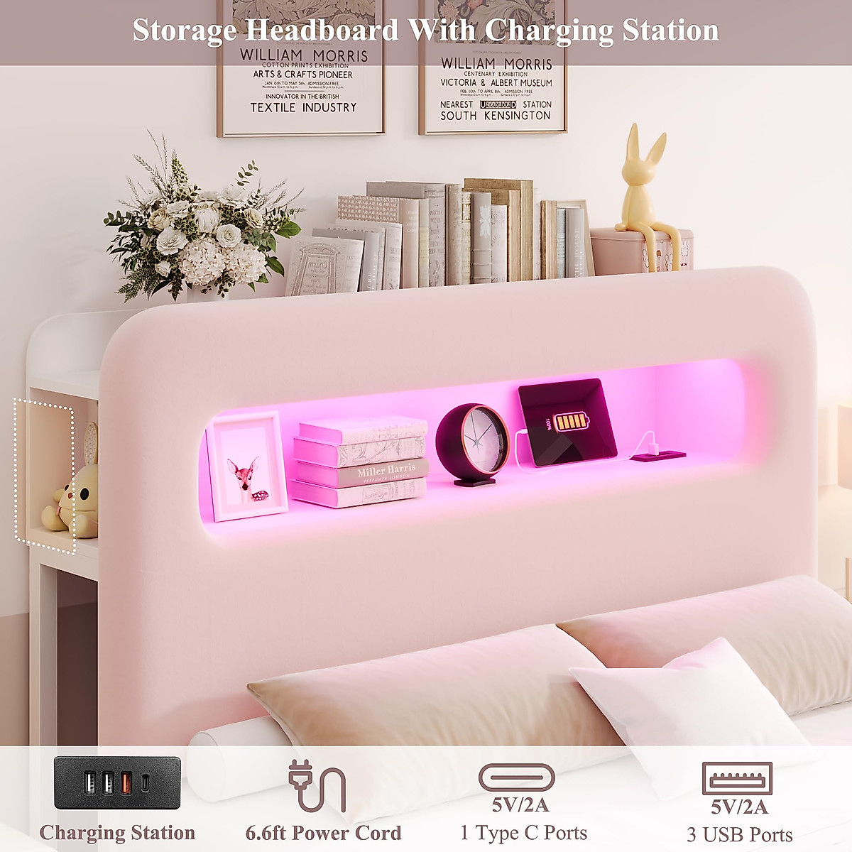 HOSTACK Twin LED Bed Frame with Storage Headboard and Charging Station, Girls Bed Frame with 2 Drawers and USB Ports, Velvet Upholstered Platform Bed Frame with Bookcase, No Box Spring Needed, Pink