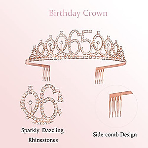 65th Birthday Decorations for Women，Rose Gold 65 Birthday Crown Tiara ，Cake Topper, Birthday Sash with Peal Pin and Birthday Candles Kit,65th Birthday Gifts for Women