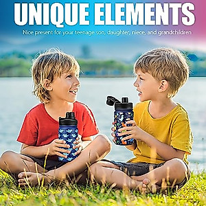 2 Pieces Modern Kids Water Bottle with Wide Handle, 14 oz Stainless Steel Insulated Wide Flask with Leakproof Lid, Keep Hot or Cold Cute Metal Water Bottle for School Boys Girls (Shark, Dinosaur)