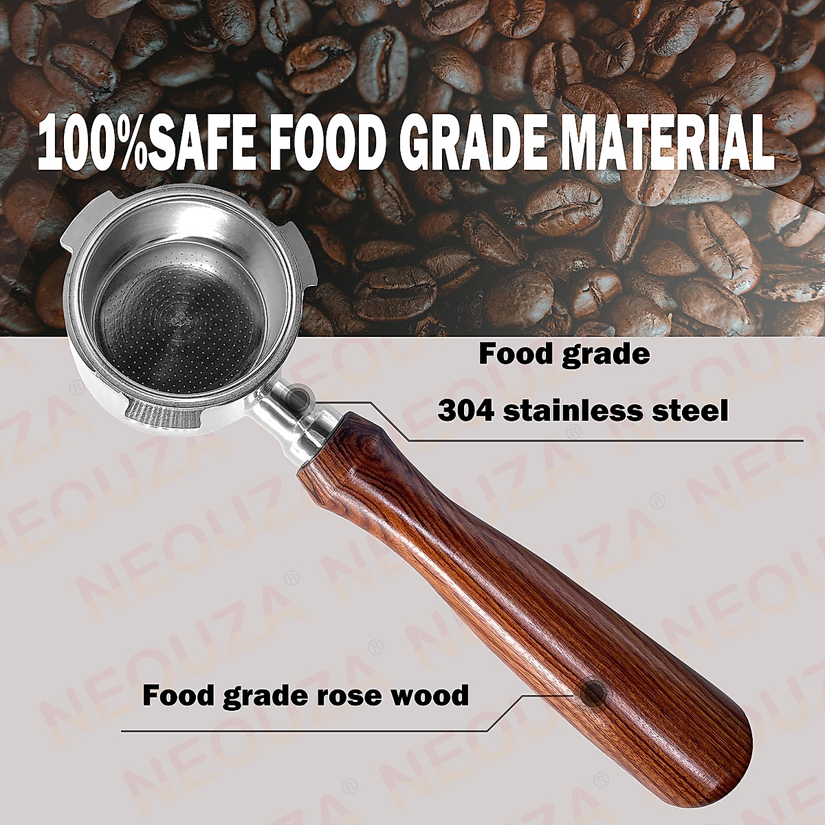 NEOUZA Coffee 51mm Bottomless Portafilter Compatible with DeLonghi Dedica EC680/EC685/EC785/EC820/EC850/EC860 SMEG Coffee Machine, Stainless Steel,Rosewood.Free with Basket, Spoon, tamper mat