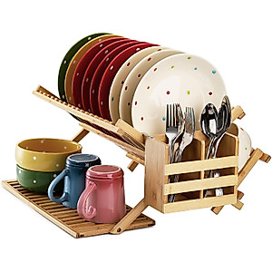 Lawei Bamboo Dish Drying Rack with Utensil Holder - 3 Tier Bamboo Dish Rack Large Collapsible Dish Drainer Rack for Kitchen Plates, Cups, Mugs, Utensil, Flatwares