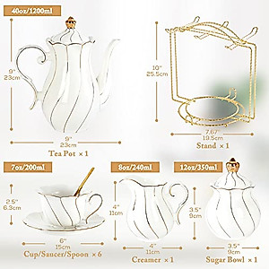 DUJUST 22 pcs White Porcelain Tea Set for 6, Luxury British Style Tea/Coffee Cup Set with Golden Trim, Beautiful Tea Set for Women, Tea Party Set, Gift Package (Including a Stand) - White