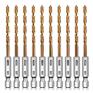 UBESTHS Titanium Twist Drill Bit Set, 10 Pcs 1/8" Hex Shank Drill Bits High Speed Steel for Wood, Plastic, Aluminum Alloy, Metal, Quick Change