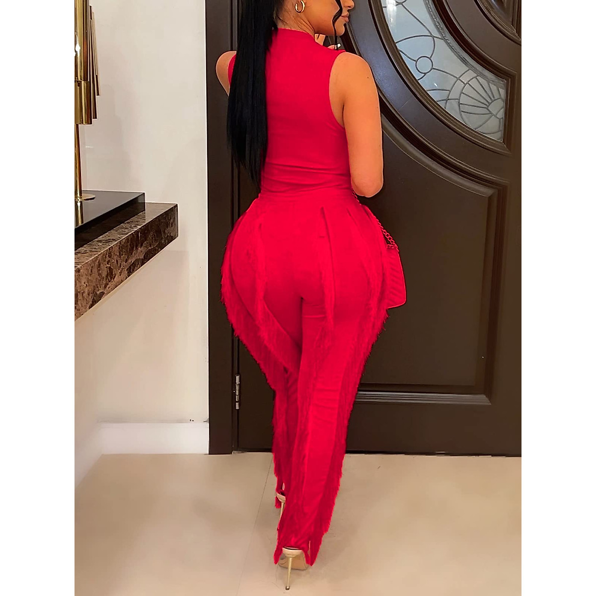 Vakkest Tassel Bodycon Long Pants Tracksuit Sets for Women Ladies Girls Females Two Piece Outfits Solid Color Activewear