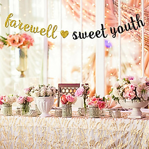Maicaiffe Farewell Sweet Youth Banner - Old English Birthday Party Decor - 30th 40th 50th 60th Birthday Party Decorations, Gold Black Glitter