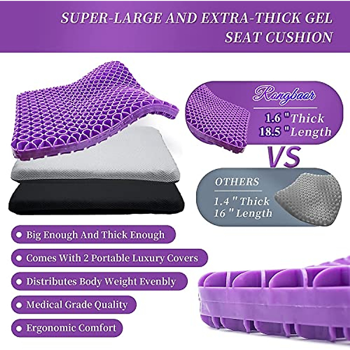 Rongbaor Extra-Large Gel Seat Cushion Chair Cushions for Office Chair, Egg Chair Pillow for Tailbone, Back, Sciatica Pain Relief, Breathable Chair Pad for Car Wheelchair Kitchen