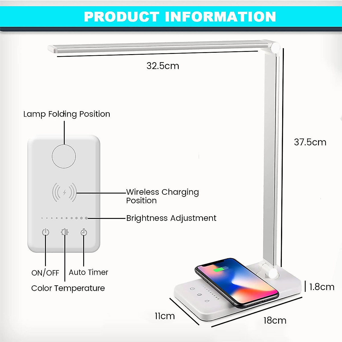 JOSTIC LED Desk Lamp with Wireless Charger, USB Charging Port, Desk Light with 10 Brightness, 5 Color Modes, Dimmable Eye Caring Reading Desk Lamps for Home Office, Touch Control, Auto Timer, White