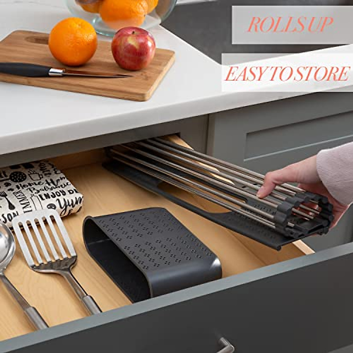 Kitchen Details Over The Sink Drying Rack with Utensil Holder | Roll Up for Storage | Stainless Steel | Drain Tray | BPA Free | Food Safe | Space Saving | Grey