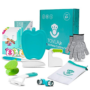 Tovla Jr Kids Montessori Cooking Tools Set - Kid Safe Kitchen Knives Gift Set - Childrens' Knife, Toddler Chopper, Vegetable Peeler ,Gloves,Cutting Board, Recipes and More