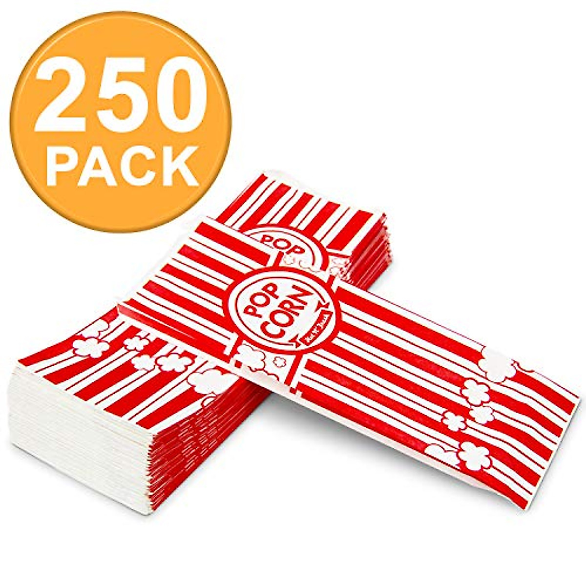 [250 Pack] Popcorn Bags 2 oz - Disposable Paper Popcorn Container, Red and White Striped Leak Proof Flat Bottom for Movie Night Snacks, Concessions, Birthday Party, Circus Carnival Decorations