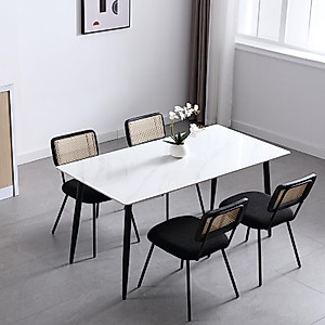 ZH4YOU Black Rattan Dining Chairs Set of 4, Mid Century Modern Chairs with Cane Back Upholstered Boucle Kitchen Chairs Armless Side Chair with Metal Legs for Dining Room/Living Room, Black Sherpa