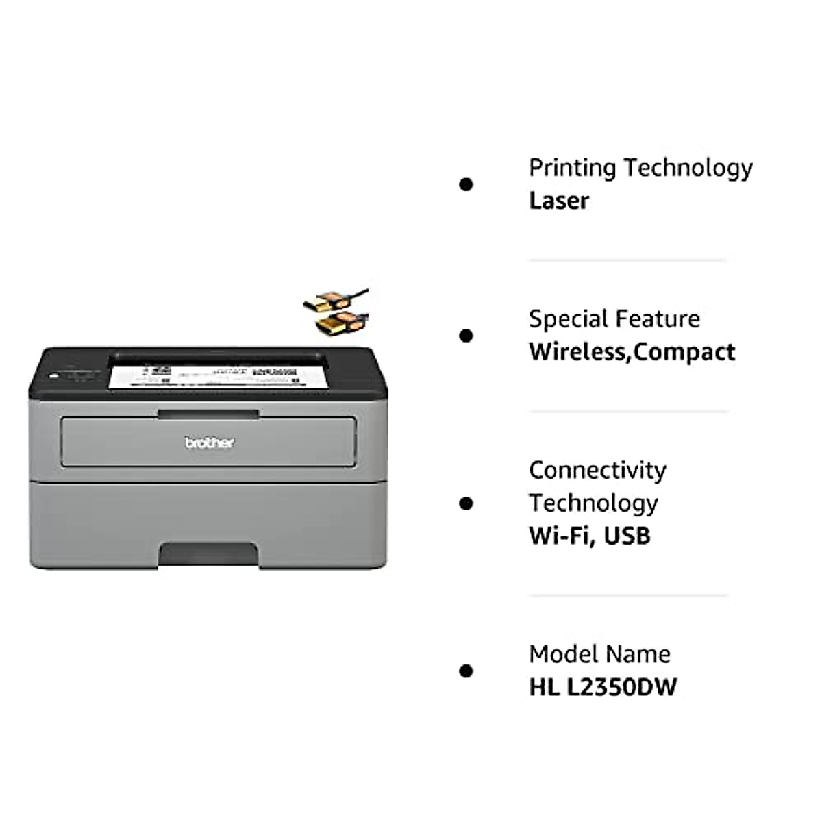 Brother HL-L2350DW Series Compact Wireless Monochrome Laser Printer - Mobile Printing - Auto Duplex Printing - Up to 32 Pages/min - Up to 250 Sheet Paper - 1-line LCD Display + HDMI Cable