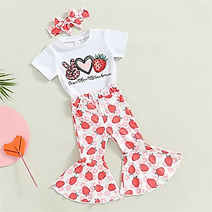 Toddler Kids Baby Girl Summer Outfit Strawberry Print Short Sleeve T-Shirt Tops Flare Pants Headband 3pcs Clothes (White Strawberry,12-18M)