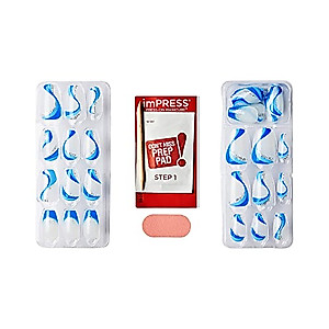 KISS imPRESS Press-On Manicure Fake Nails, Medium Coffin, Mesmerize, Blue, Comfortable, Super Hold Adhesive, No Glue/Polish, Chip Proof, No Dry Time, Smudge Proof, Waterproof | 30 Count