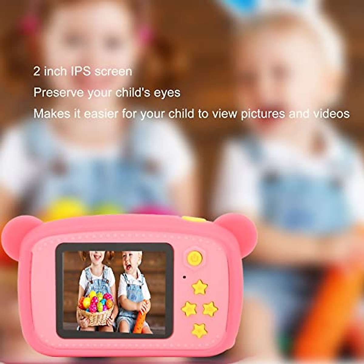 Kids Cartoon Camera, Front and Rear Dual Cameras Kids Camera Eco Friendly Multiple Fun Photo Frames ABS for Outdoor for 3‑10 Years Old Kids (Pink)