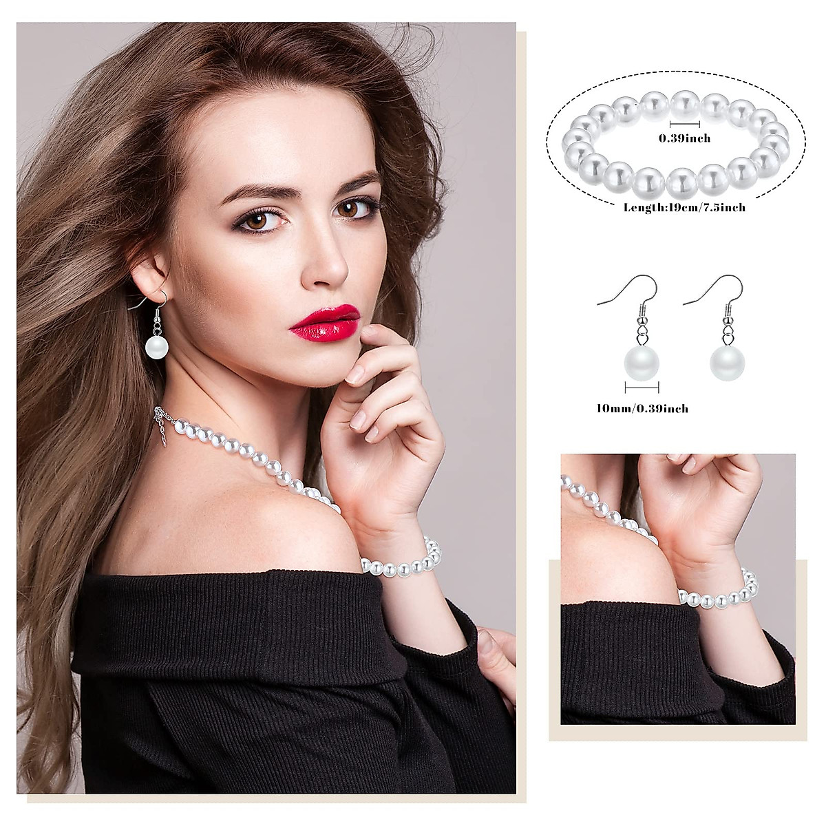 Laumoi Set of 12 Faux Pearl Jewelry 10 mm Round Shell Pearl Big Simulated Pearl Necklace Bracelet Earrings Stunning Bracelet Dangle Earrings Pearl Statement Jewelry Gift for Women, 12 Colors