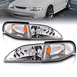 AmeriLite Chrome Replacement Headlights Corner Turn Signal Set For 94-98 Ford Mustang - Passenger and Driver Side