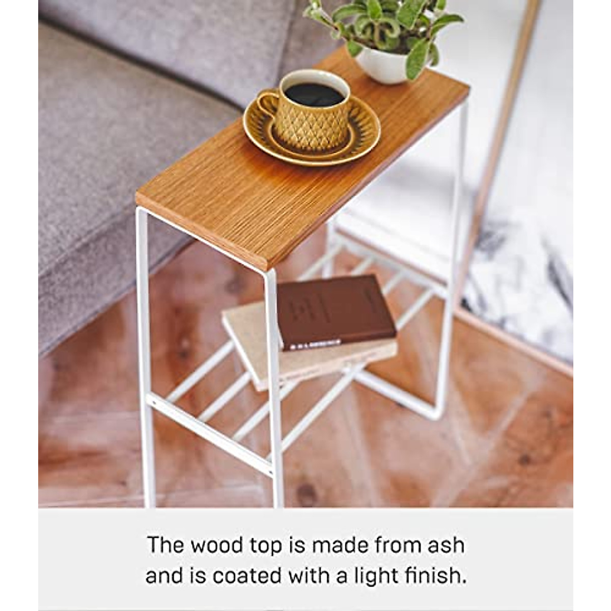 Yamazaki Home Narrow Living Room End Table - Slim Side Storage Shelf Stand Furniture Metal and Wood Modern Skinny Accent Table Steel + WoodWhite