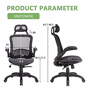 Office Chair Ergonomic Desk Chair Mesh Computer Chair with Lumbar Support Headrest Flip UP Arms Rolling Swivel Adjustable Task Chair for Adults(Black)