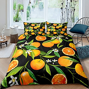 Feelyou Fruit Duvet Cover Set Fresh Oranges Vibrant Bedding Set for Kids Boys Girls Cartoon Citrus Fruit Comforter Cover Set Orange and Black Quilt Cover Bedroom Collection 3Pcs Queen Size