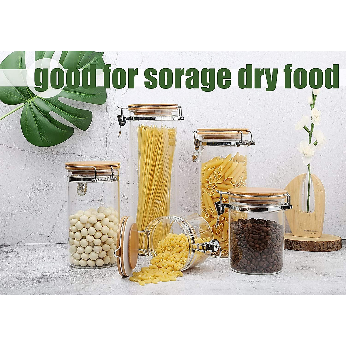 KKC HOME ACCENTS Tall Glass Pasta Storage Container with Hinged Lid,Glass Spaghetti Storage Jar Airtight Lid,Pasta Spaghetti Kitchen Canister,Noodle Holder Container with Bamboo Lid