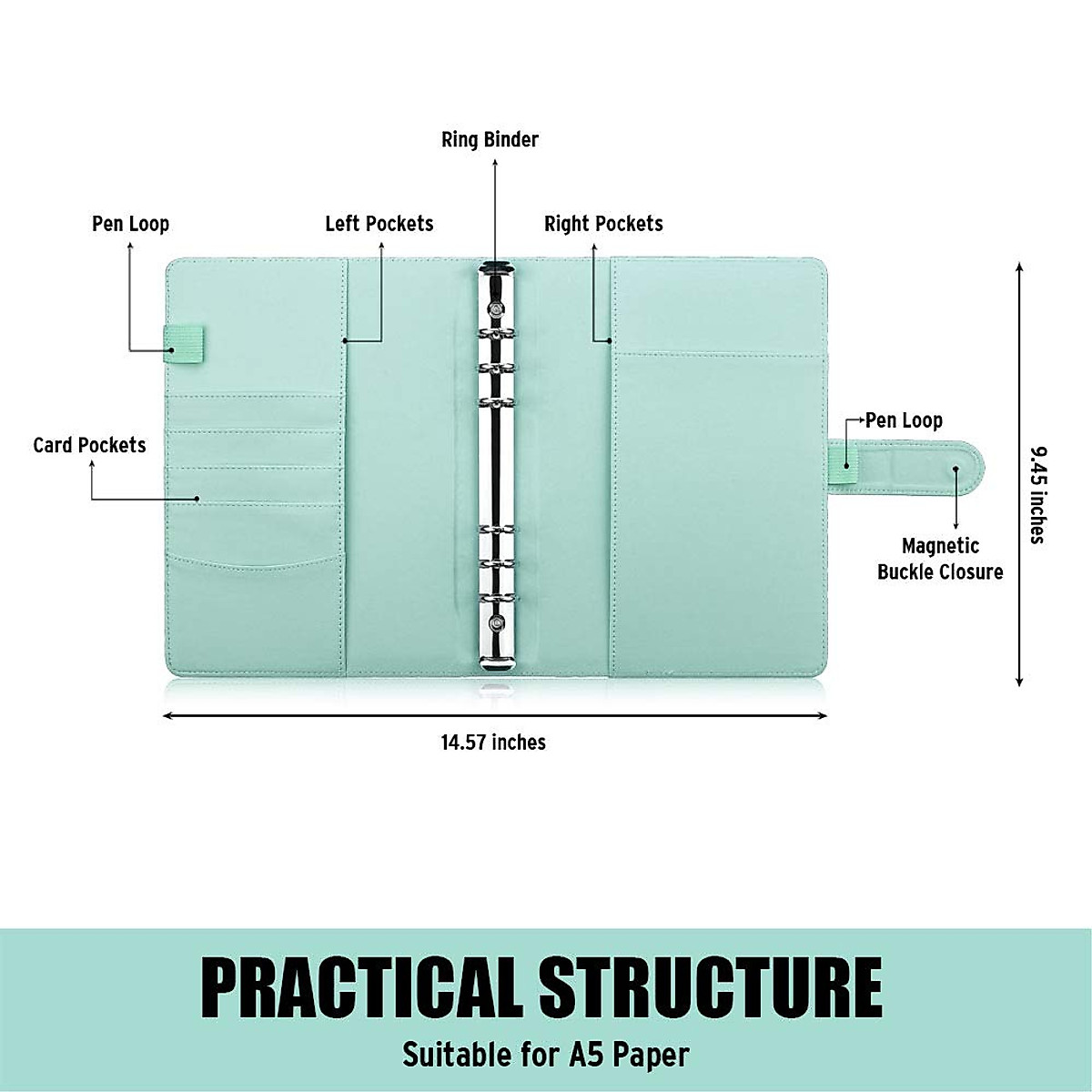 Sooez A5 Notebook Photocard Binder, 6 Ring Planner, Stylish Loose Leaf Personal Organizer Cover with Magnetic Buckle, PU Leather Binder Women with Macaron Colors (Mint Green)