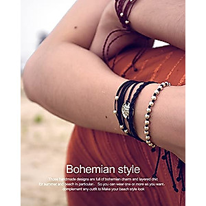 Mezcla Vida Bohemian Wave Coin Charms Black Beaded Handmade Braided Rope Surfing Woven Bracelets Sets For Women Teen Girls, Beach String Jewelry (BLACK)