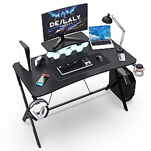 DEILALY 45IN Gaming Desk Gamer Table Carbon Fiber Surface Computer Table Gamer Desk with Monitor Shelf Office Home Study Desk Work PC Table Steel Legs Corner Desk Black