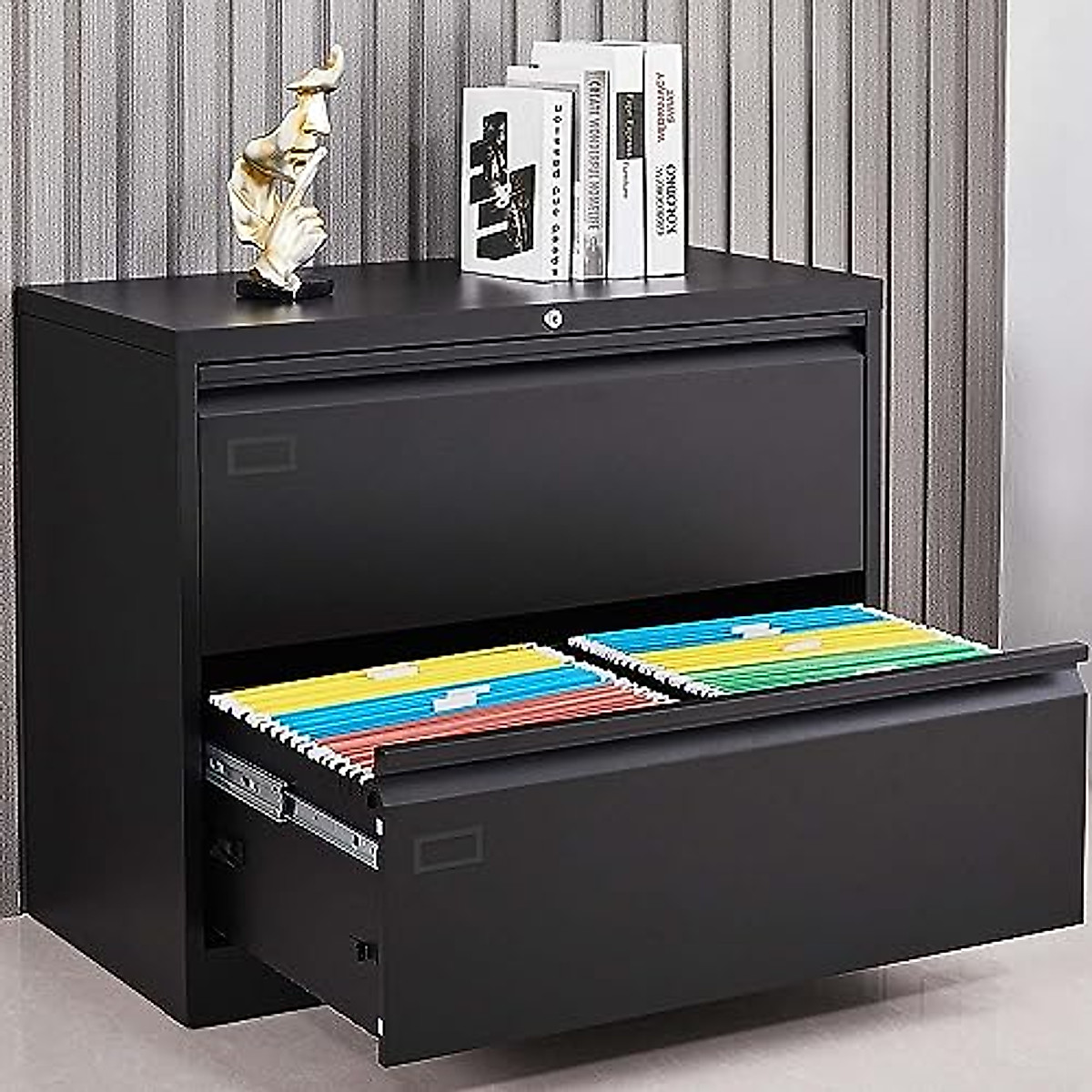 Large Wide 2 Drawer Lateral File Cabinet for Legal/Letter A4 Size,Locking Metal Steel Storage Filing Cabinets with Anti-tilt Mechanism for Home Office (Black-2 Drawer)