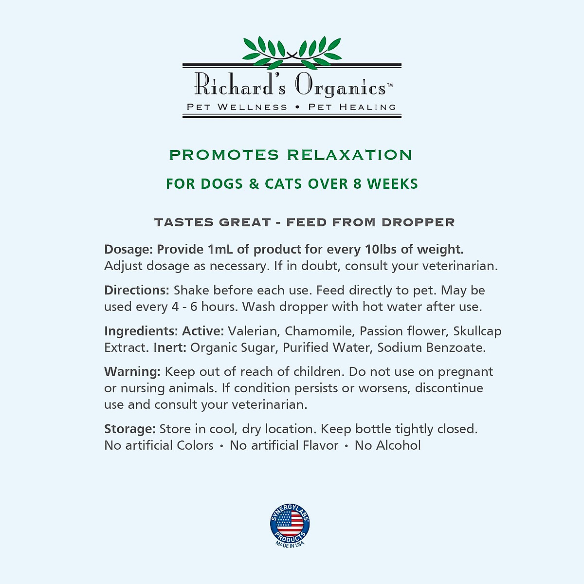 Richard’s Organics Pet Calm, 4 oz. Bottle – Natural Cat and Dog Anxiety Relief – 100% Natural Pet Stress Relief – Drug-Free Calming Drops, Settles Nerves and Reduces Hyperactivity