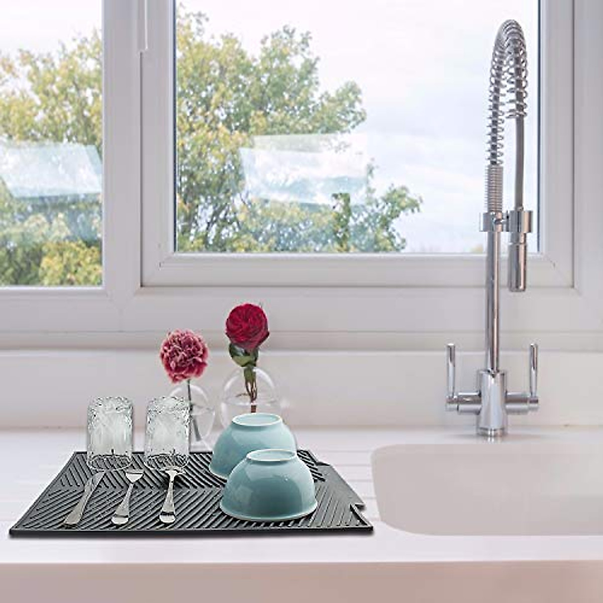 Suruid Silicone Dish Drying Mat for Multiple Usage, Easy Clean, Eco-Friendly Heat-resistant Silicone Mat for Kitchen Counter or Sink, Refrigerator or Drawer Liner - Compact Storage 17" X 13" (Gray)