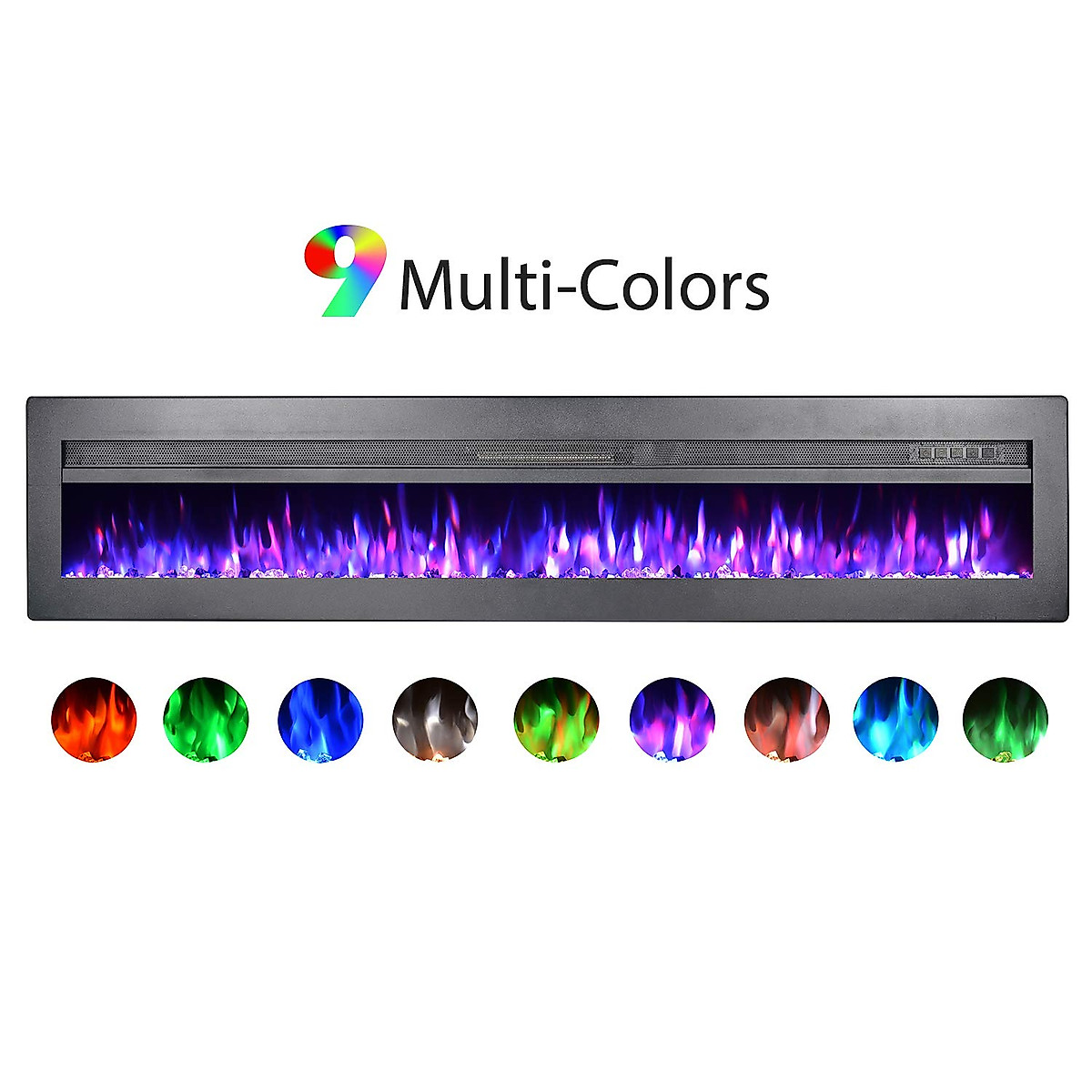 GMHome 60 Inches Wall Recessed Electric Fireplace 9 Changeable Color Realistic Crystal Stone Flame Heater, with Remote, 1500W, Metal Panel - Black