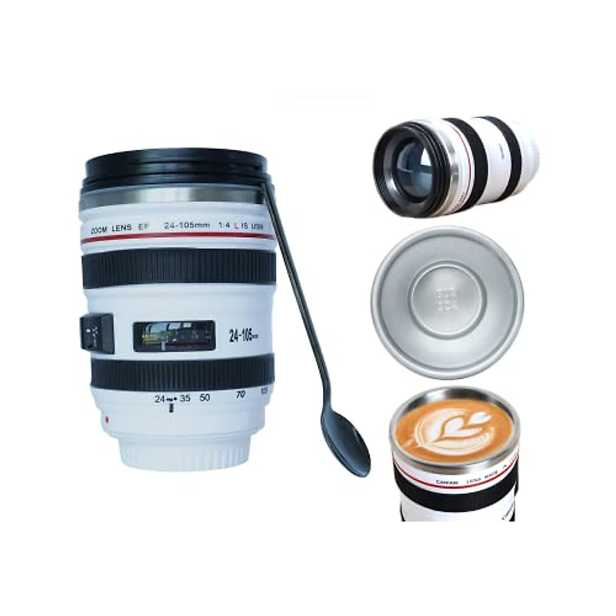 PhantAccy Camera Lens Coffee Mug / Cup Non-BPA Food Grade SUS-304 Stainless Steel Leakproof Travel Mug Tea Water Bottle with Lid and Spoon, 12 Ounce (White)