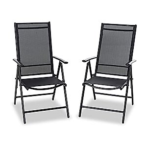 HERA'S PALACE Patio Dining Chair Foldable and Portable, Outdoor Folding Chairs with Armrest, Reclining High Back Sling Dining Chairs for Garden, Poolside, Backyard (2pcs, Black)