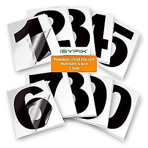 iSYFIX Black Vinyl Numbers Stickers - 4 Inch Self Adhesive (2 Sets) - Premium Decal Die Cut and Pre-Spaced for Mailbox, Signs, Window, Door, Cars, Trucks, Home, Business, Address Number, Indoor or Outdoor