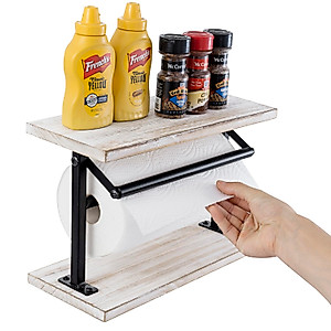 MyGift Freestanding Matte Black Metal Paper Towel Roll Holder with Shabby Chic Whitewashed Wood Top Display Shelf and Base, Kitchen Countertop Towel Dispenser Storage Rack