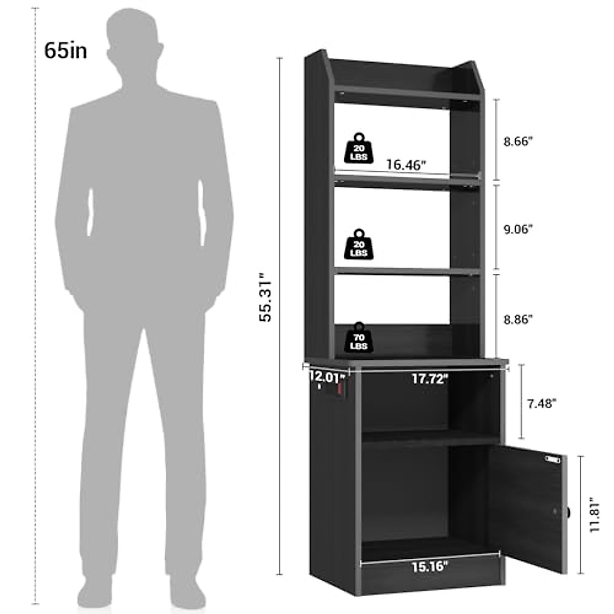 Aufvolr 6 Tier Bookshelf with Cabinet，Tall Night Stand with Charging Atation, Wood Book Shelf Storage Organizer, Modern Display Standing Shelf Unit for Bedroom, Living Room, Office (Black)